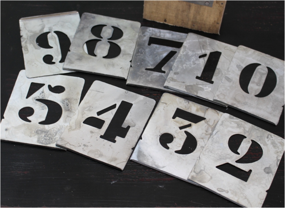 Stencils in Wooden Box vintage metal tin Zinc Numbers craft galvanized ...