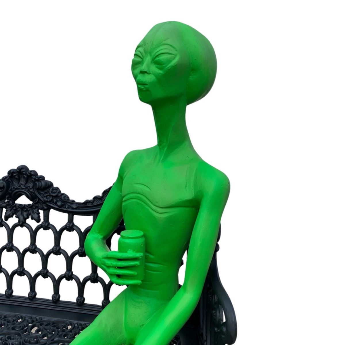 Alien Statue Sitting on Bench Drinking Can - Selfie Photos Glow in Dark ...