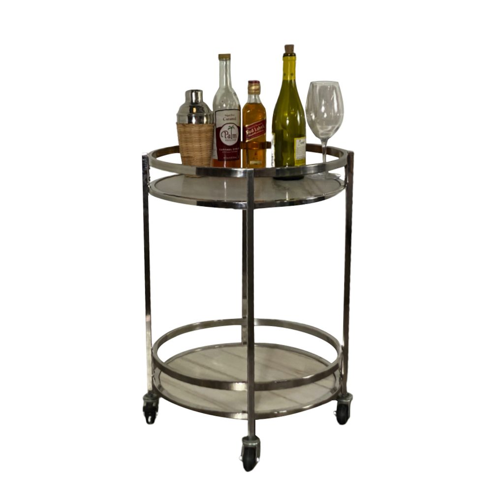 Rolling Bar Cart in Stainless Steel with Marble Shelves | The Kings Bay