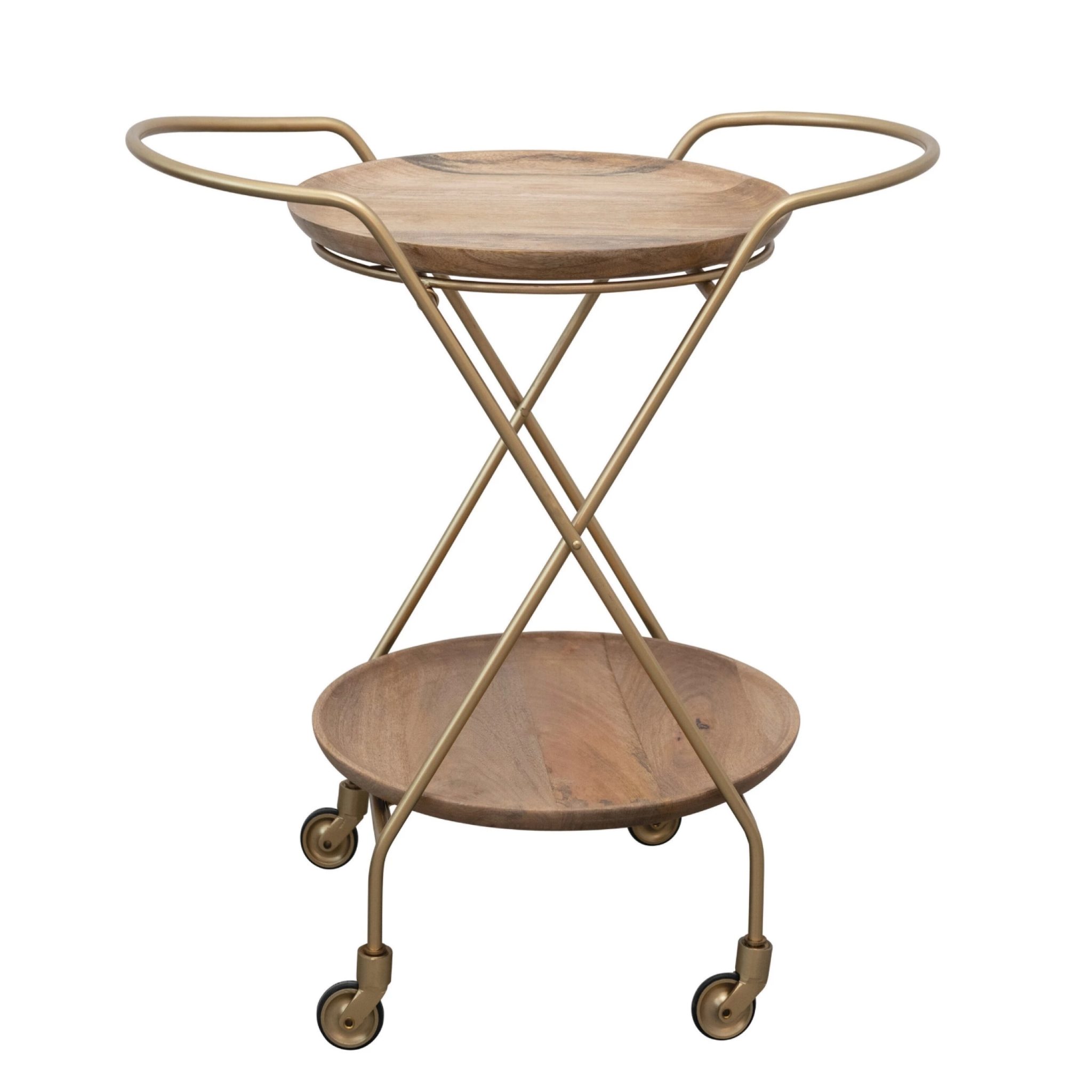 Gold Bar Cart On Wheels Two Tier Round Metal and Wood | The Kings Bay