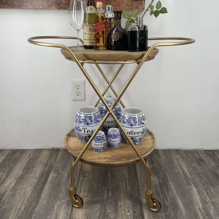 Gold Bar Cart On Wheels Two Tier Round Metal and Wood | The Kings Bay