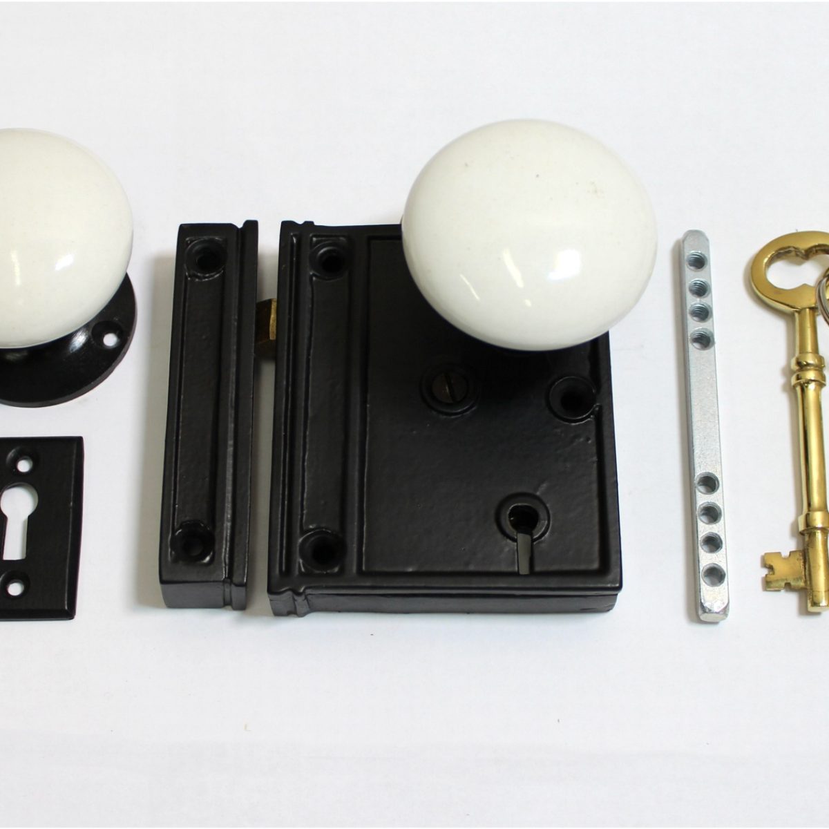 Victorian Style Square Cast Iron Rim Lock with White Porcelain Knobs ...