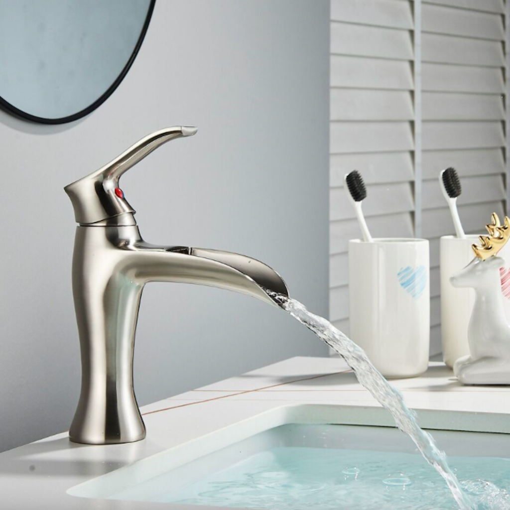 Brushed Nickel Curvy Waterfall Bathroom Sink Faucet with Single Handle ...