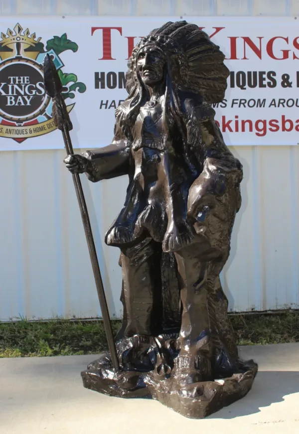 6 Ft Bronze Native American Indian Chief Statue with Spear and ...